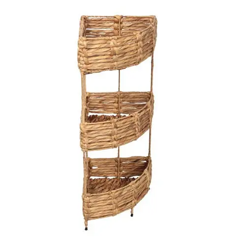 HAPPIMESS Lavish Coastal Handwoven Water Hyacinth 3-tier Corner Freestanding Storage Rack With Metal Frame - Natural