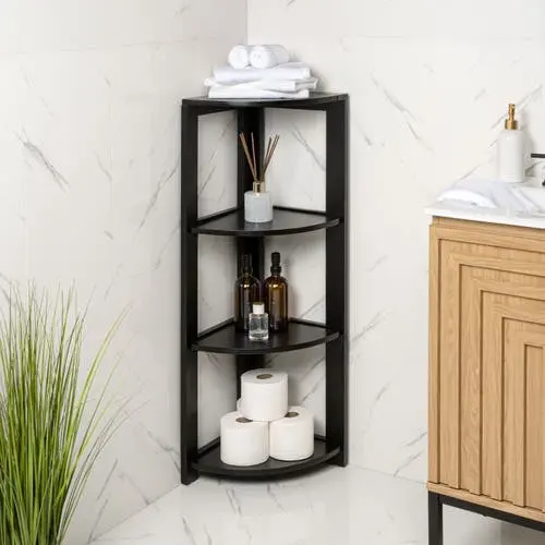 HAPPIMESS Terra Rustic Handcrafted Acacia Wood 4-tier Indoor/outdoor Folding Corner Storage Rack - Black
