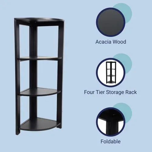 HAPPIMESS Terra Rustic Handcrafted Acacia Wood 4-tier Indoor/outdoor Folding Corner Storage Rack - Black