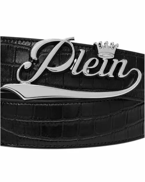Philipp Plein Leather Belt With Crocodile Effect And Signature Buckle - Black/nickel
