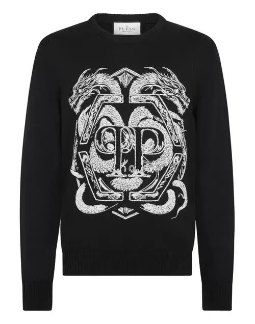 Philipp Plein Embroidered Merino Wool Hexagon Dragon Pullover