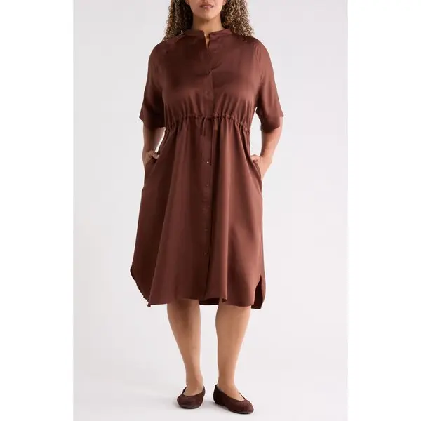 Eileen Fisher Silk Mandarin Collar Midi Dress - Truffle