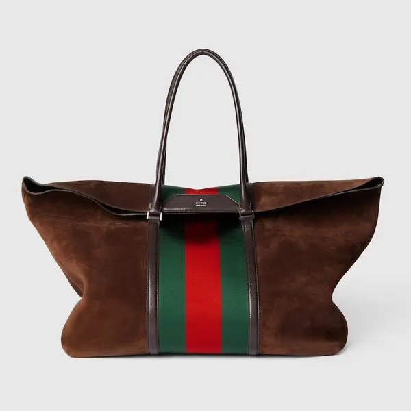 Gucci Medium Duffle Bag With Web Suede - Brown