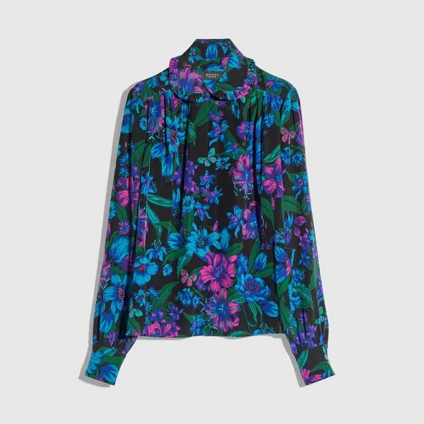 Gucci Allover Flora Print Silk Crêpe De Chine Shirt - Purple