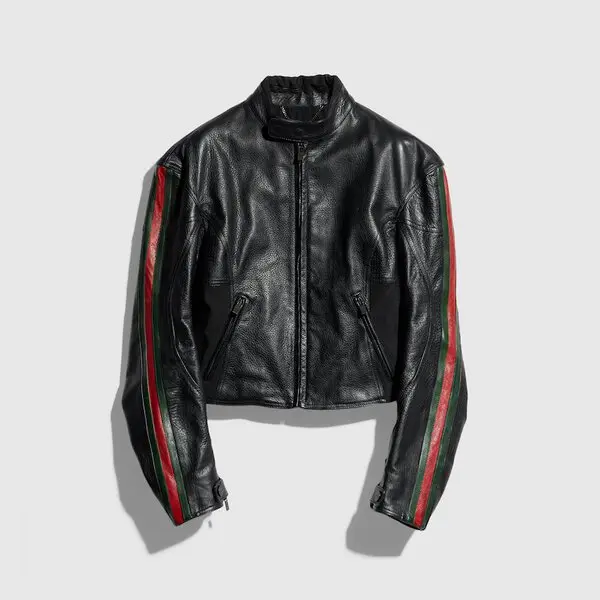 Gucci Leather Biker Jacket With Web Detail - Black