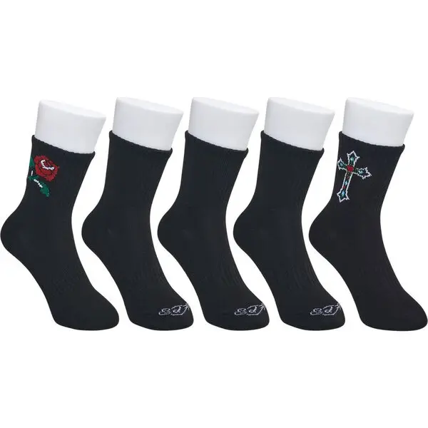 Ed Hardy Printed Cross And Rose Embroidered Crew Socks 5-pack - Black