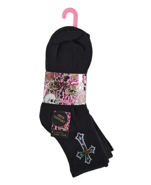 Ed Hardy Printed Cross And Rose Embroidered Crew Socks 5-pack - Black