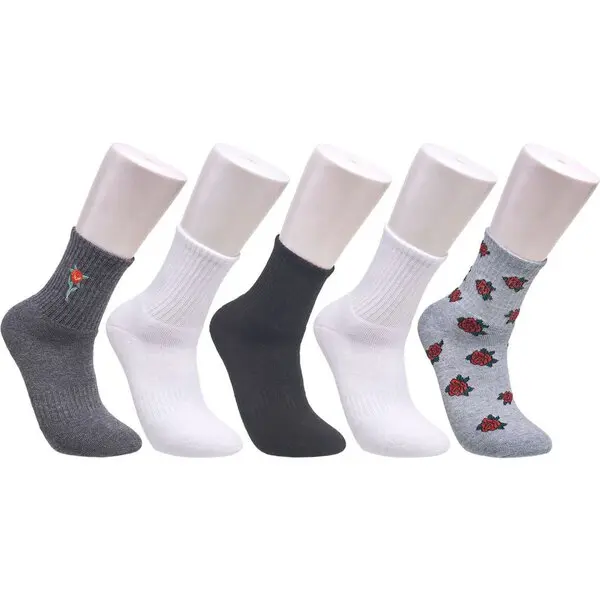 Ed Hardy Rose Print Full Cushion Mid Crew Sock 5 Pack - Charcoal Black