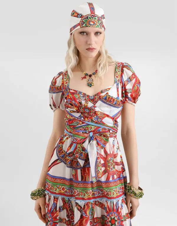 Dolce & Gabbana Long Batiste Dress With Carretto Print