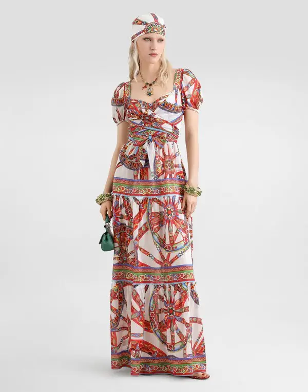 Dolce & Gabbana Long Batiste Dress With Carretto Print