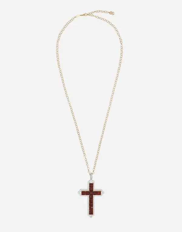 Dolce & Gabbana 18 Kt Gold Cross Pendant Necklace With Garnets And Diamonds