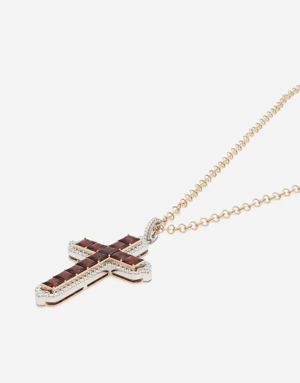 Dolce & Gabbana 18 Kt Gold Cross Pendant Necklace With Garnets And Diamonds