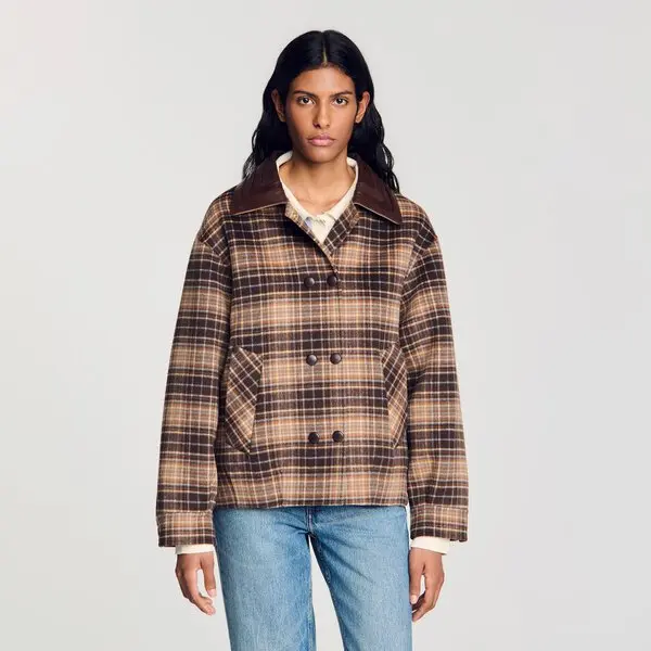 Sandro Check Jacket With Leather Collar