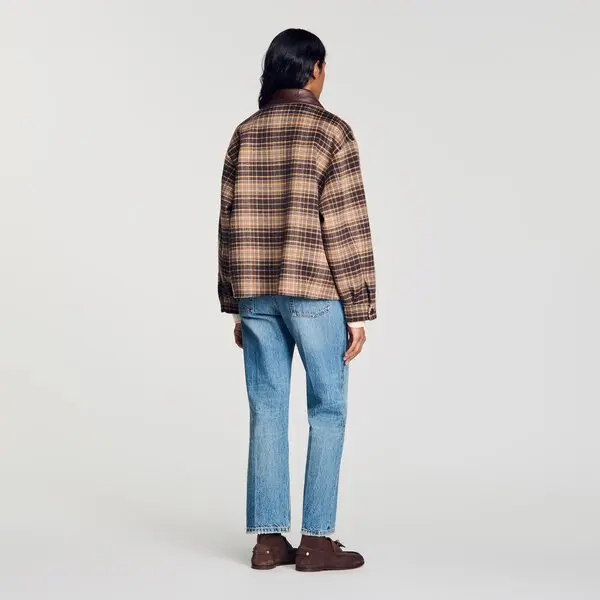 Sandro Check Jacket With Leather Collar