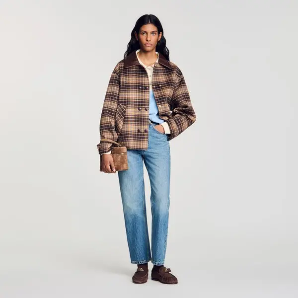 Sandro Wool Check Jacket With Leather Collar - Brown