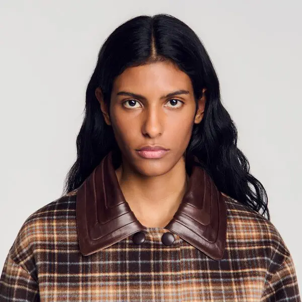 Sandro Wool Check Jacket With Leather Collar