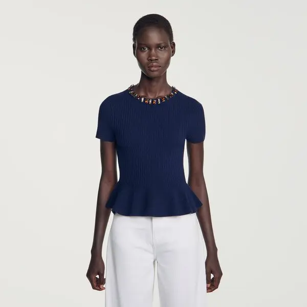 Sandro Peplum Sweater With Rhinestone Neckline