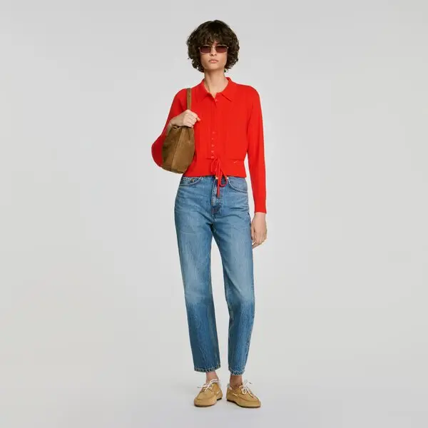Sandro Pointelle Knit Cardigan With Adjustable Waist Tie - Red