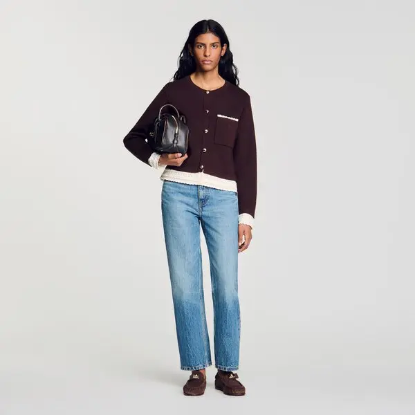 Sandro Acrylic Knit Cardigan With Lace Trim