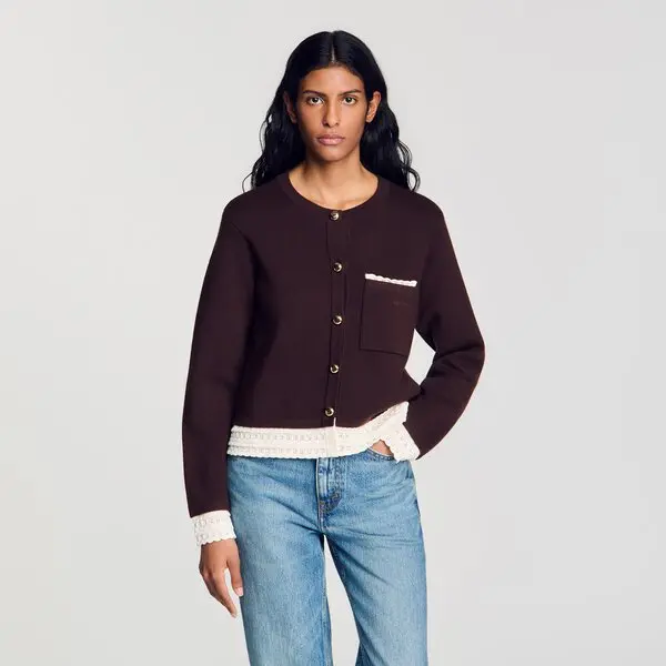 Sandro Acrylic Knit Cardigan With Lace Trim