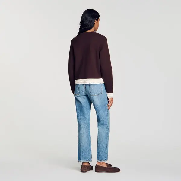Sandro Acrylic Knit Cardigan With Lace Trim