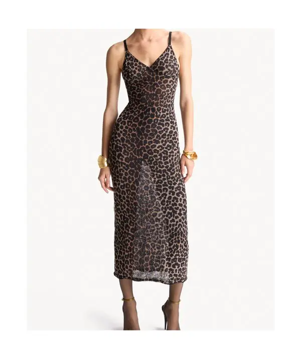 Saint Laurent Slip Dress In Leopard Tulle