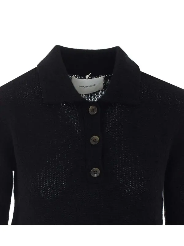 LISA YANG Masary Ribbed Knit Polo Top - Black