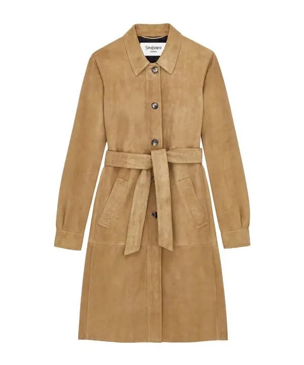 Saint Laurent Long-sleeved Button-front Coat With Tie Waist - Tobacco
