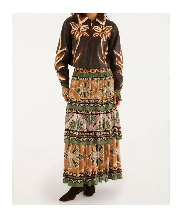 Farm Rio Flower Cutwork Collared Leather Jacket