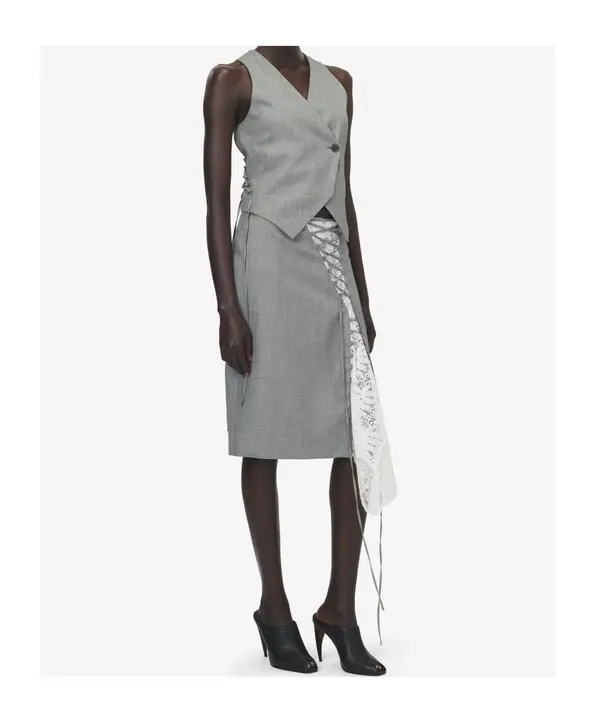 Alexander McQueen Lace-up Floral Lace Panel Pencil Skirt - Grey