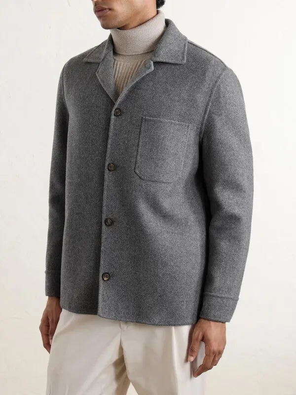 Eleventy Reversible Herringbone Wool And Cashmere-blend Overshirt
