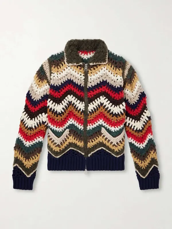 Sacai Striped Crocheted Zip-up Cardigan