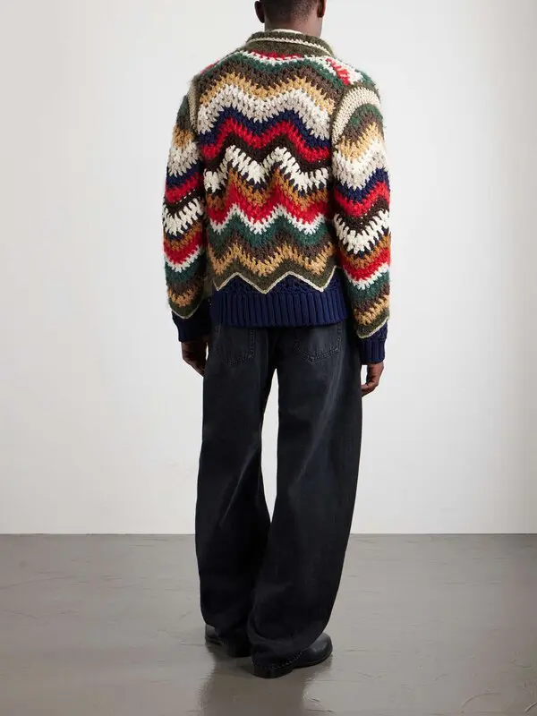 Sacai Striped Crocheted Zip-up Cardigan