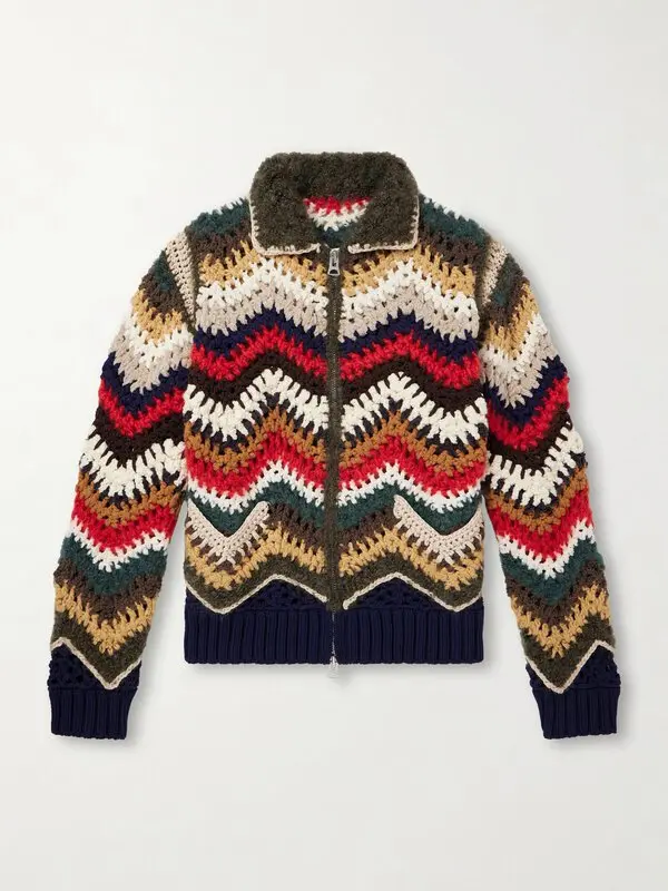 Sacai Striped Crocheted Zip-up Cardigan