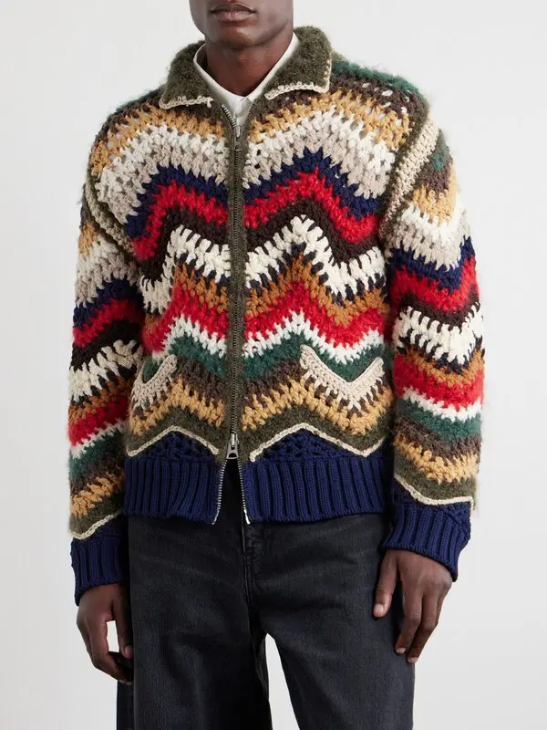 Sacai Striped Crocheted Zip-up Cardigan