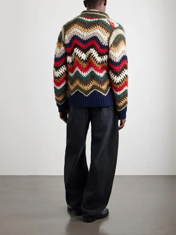 Sacai Striped Crocheted Zip-up Cardigan