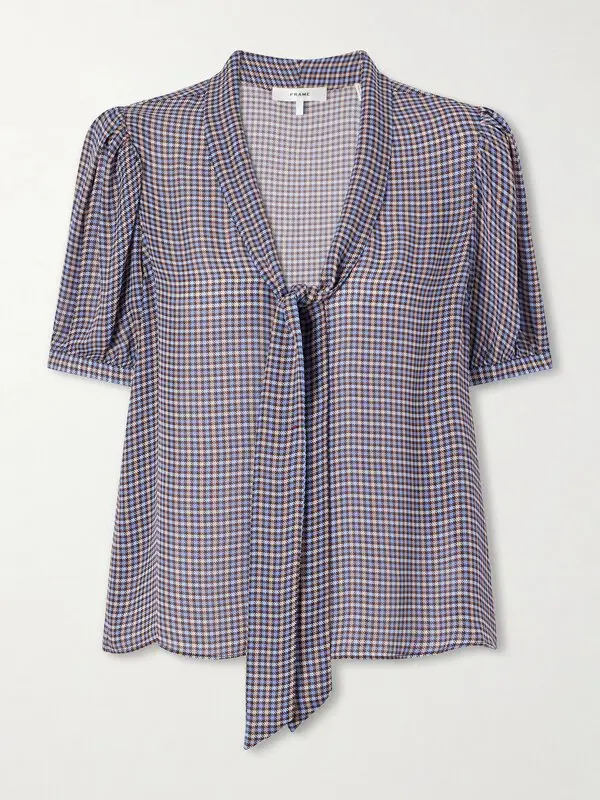 FRAME Checked Silk Blouse With Front Tie Detail - Brown