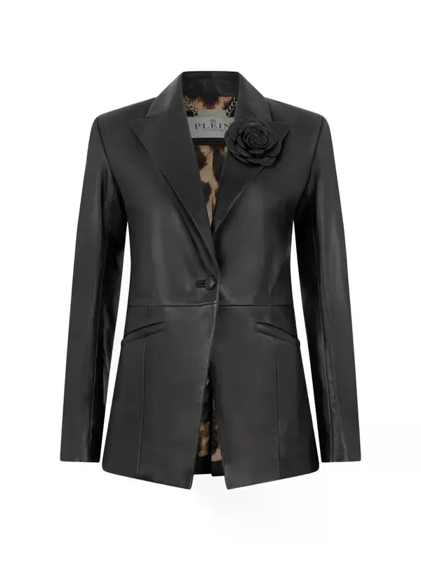 Philipp Plein Fitted Leather Blazer With Floral Appliqu