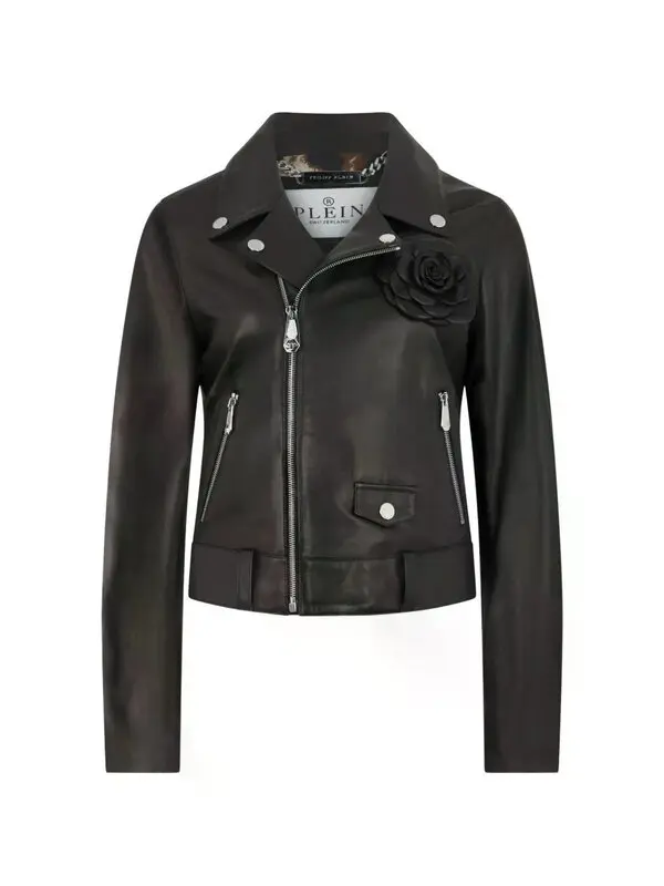 Philipp Plein Floral Appliqué Biker Jacket - Black