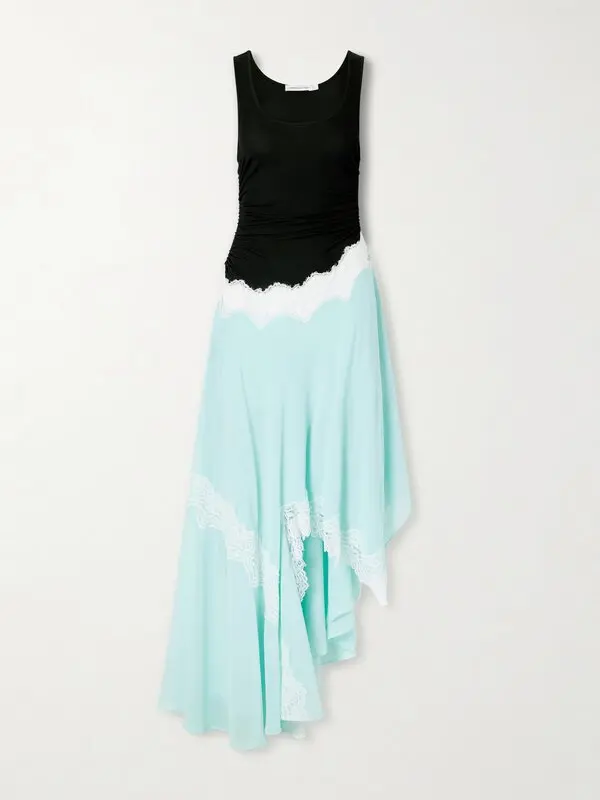 Christopher Esber Asymmetrical Lace-trimmed Ruched Stretch-jersey And Crepe Dress - Multi