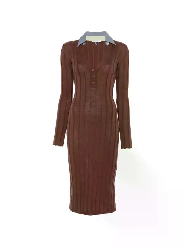 Patrizia Pepe Ribbed-knit Contrast-collar Midi Dress - Brown