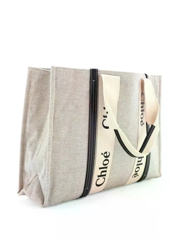 Chloé Woody Canvas With Leather Large Tote Bag - Neutrals