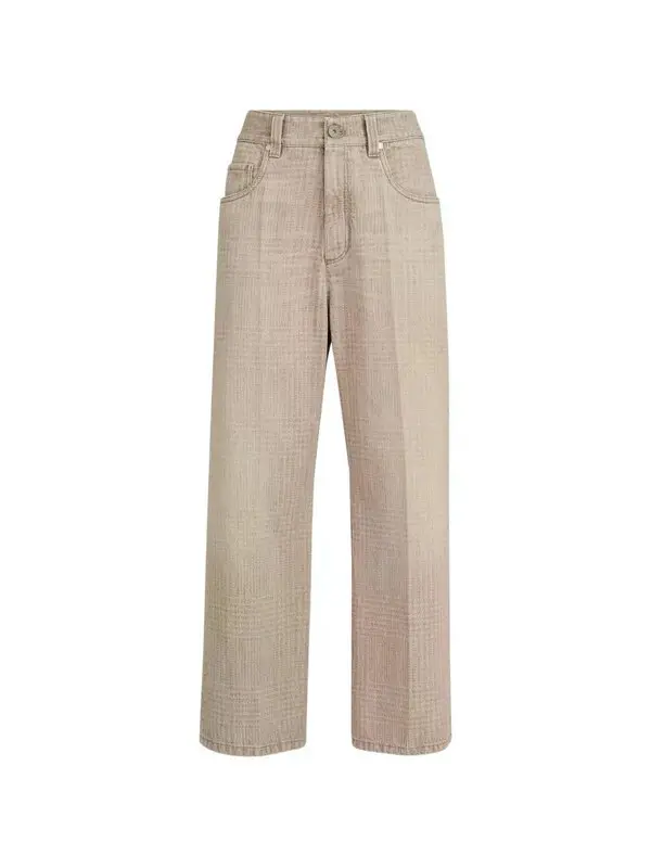 Brunello Cucinelli Prince Of Wales Denim Contemporary Square Trousers With Monili - Neutrals