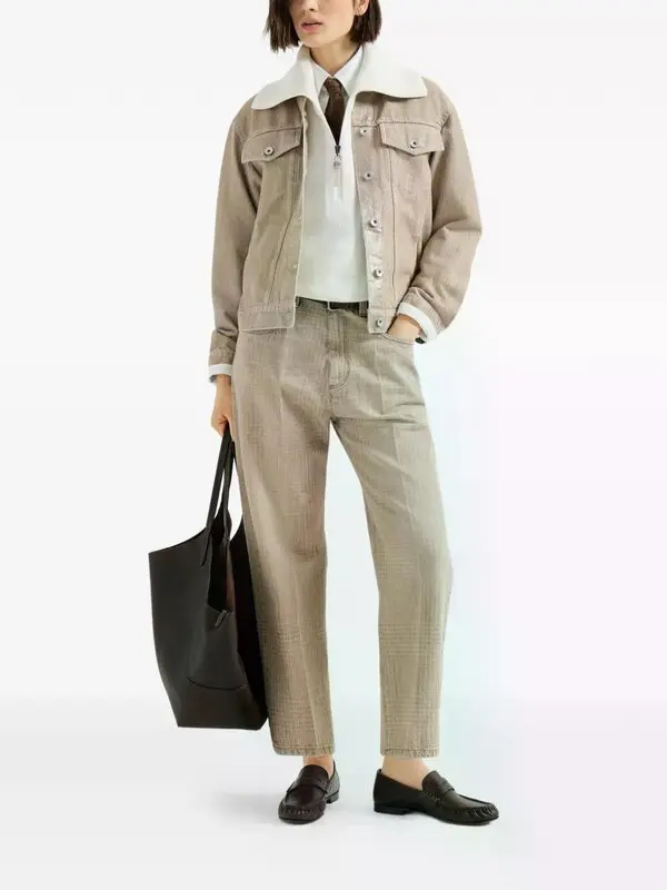 Brunello Cucinelli Prince Of Wales Denim Contemporary Square Trousers With Monili - Neutrals
