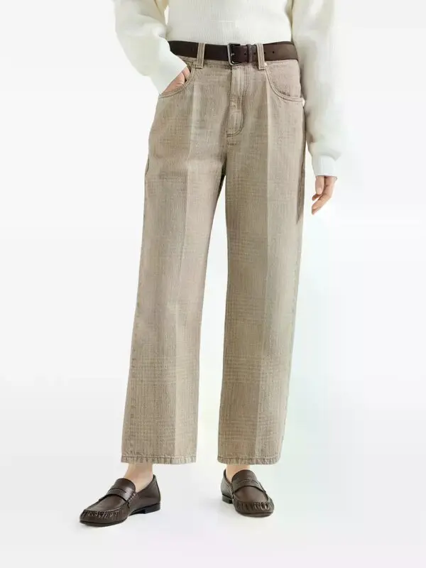 Brunello Cucinelli Prince Of Wales Denim Contemporary Square Trousers With Monili - Neutrals