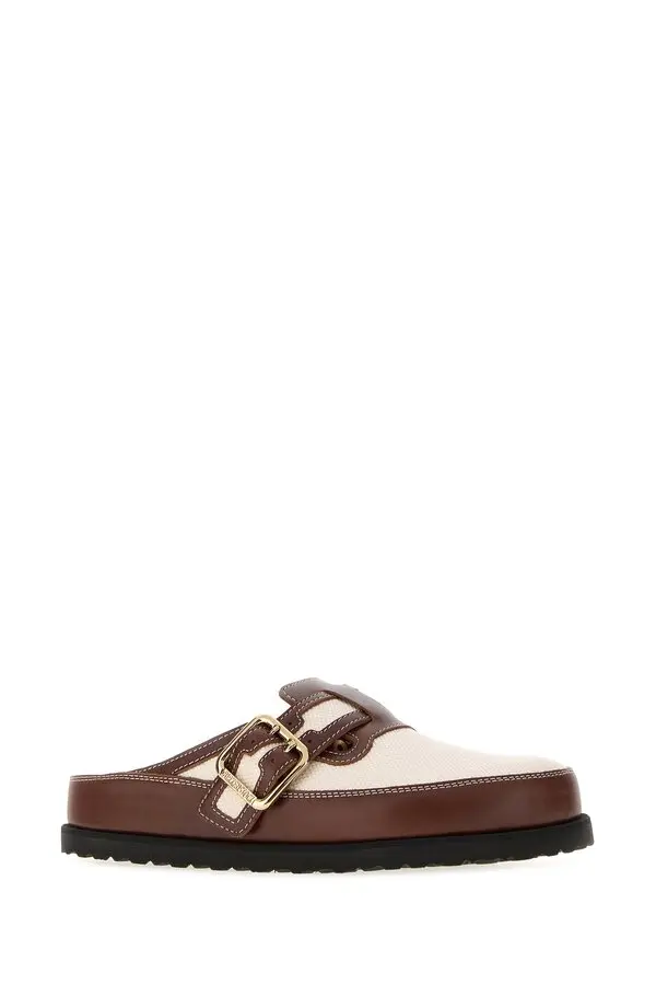 BIRKENSTOCK Two-tone Leather And Canvas Boston Slippers