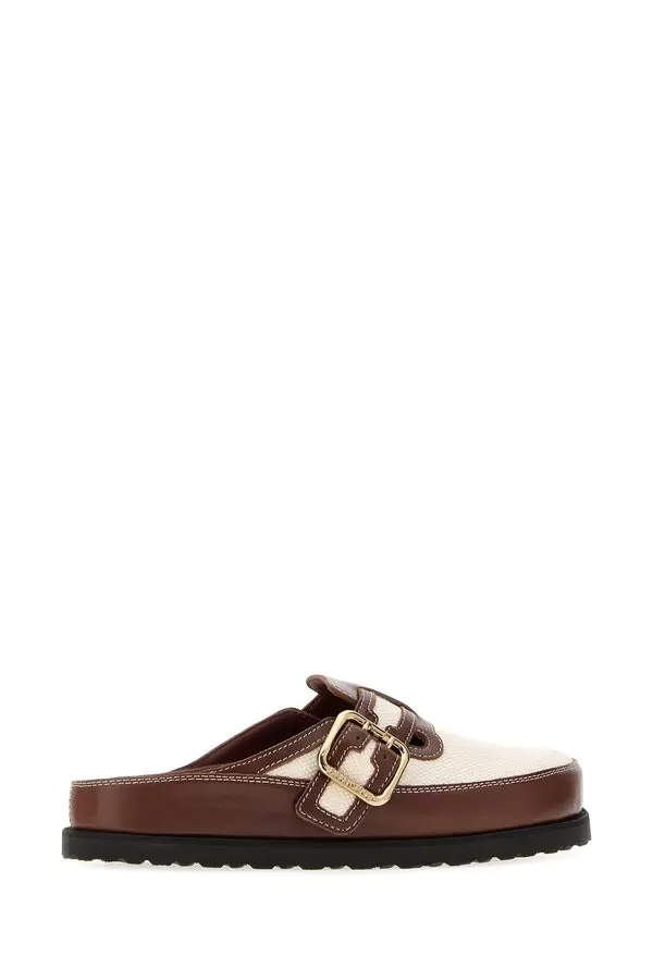 BIRKENSTOCK Two-tone Leather And Canvas Boston Slippers