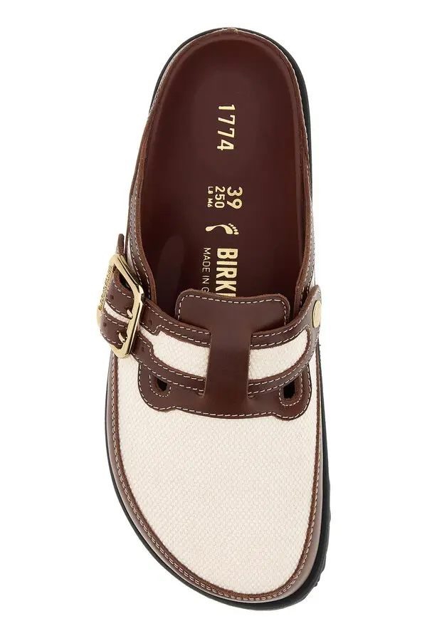 BIRKENSTOCK Two-tone Leather And Canvas Boston Slippers