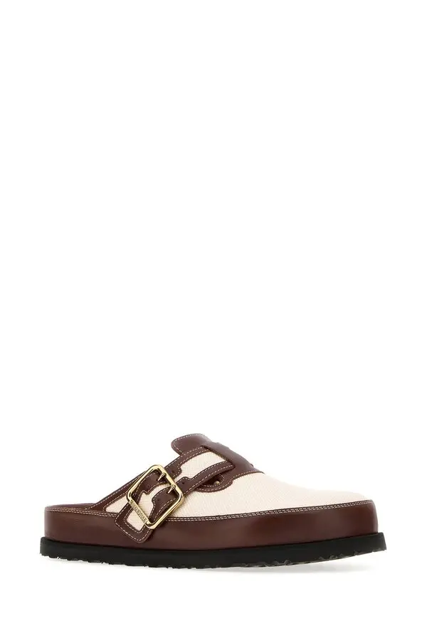 BIRKENSTOCK Two-tone Leather And Canvas Boston Slippers