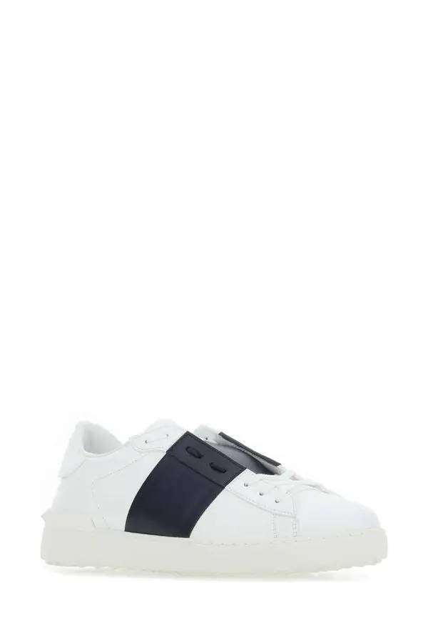 Valentino Garavani Leather Open Sneakers With Navy Band - White